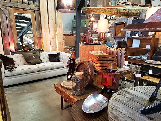 Exposed beams and concrete floors create the perfect backdrop for vintage furniture that tells life stories.