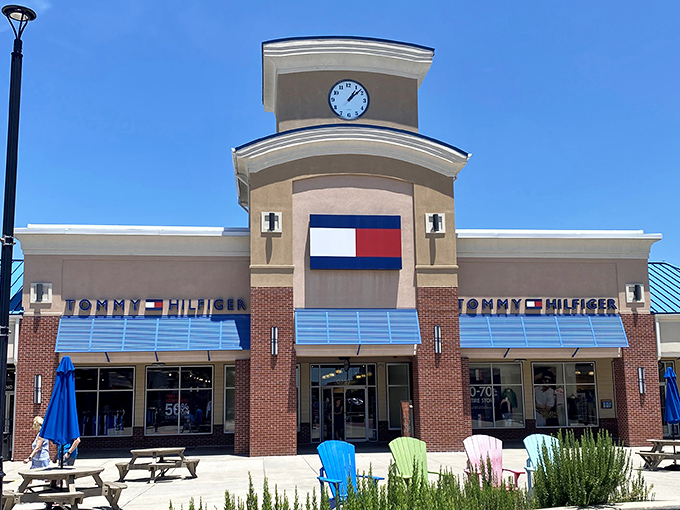 Classic clock tower design adds timeless elegance to this shopper's paradise where deals await discovery.