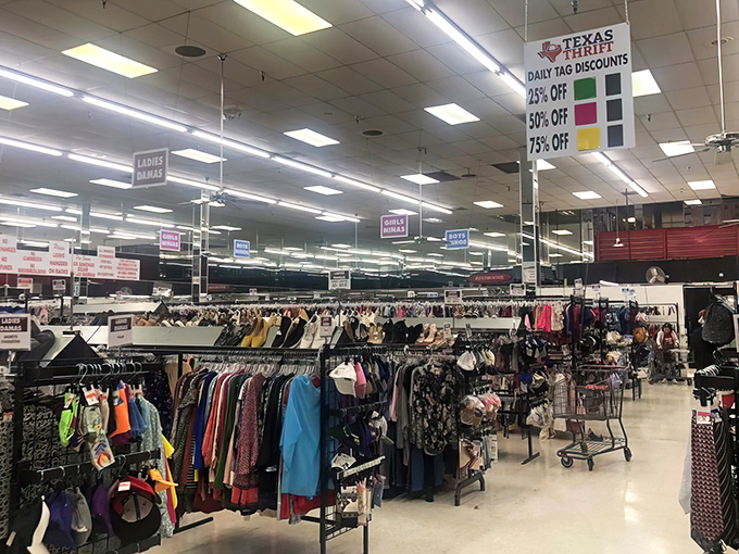 Color-coded signs guide you through this thrift wonderland like a roadmap to bargain paradise.