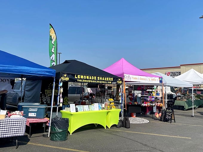 Colorful tents become impromptu display cases at this massive market, where sellers spread their wares across every available surface.