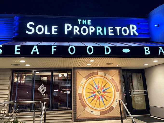 The Sole Proprietor: Bringing the ocean to central Massachusetts with style. That glowing sign is like a lighthouse for hungry seafood lovers.