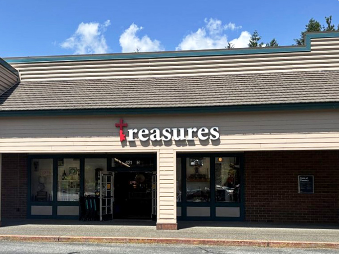 That brick and siding combo gives off serious small-town charm where everyone knows your thrifting preferences.