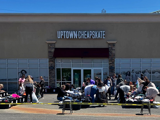 Outdoor sales events transform parking lots into fashion treasure hunts where deals multiply exponentially.