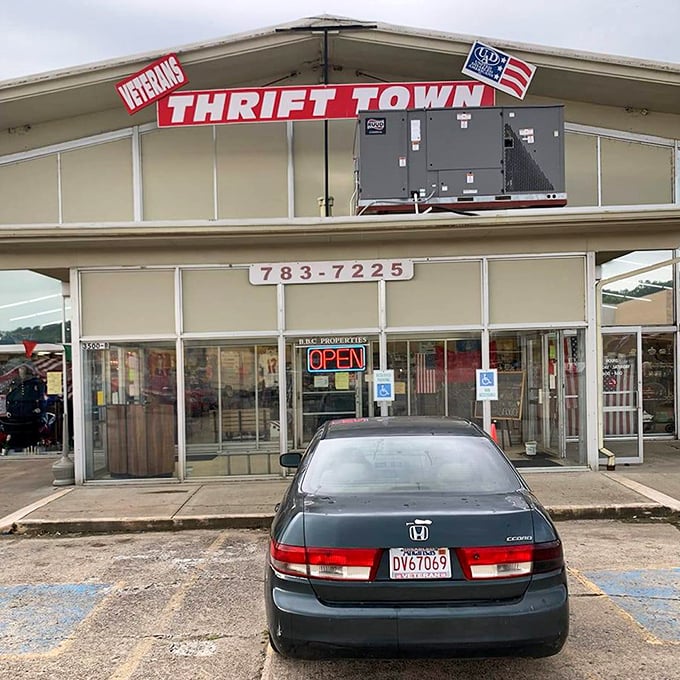 Veterans Thrift Town's impressive storefront signals serious thrift shopping ahead - bring your walking shoes and patience.