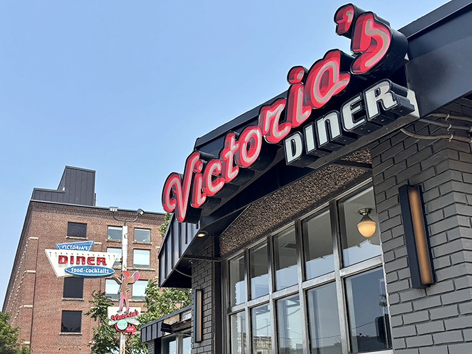 The Victoria's sign glows like a Broadway marquee, announcing the morning's main attraction: incredible food.