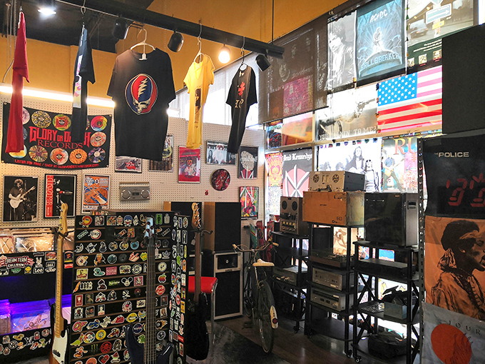 A glimpse inside reveals a collector's paradise &ndash; where vintage band shirts hang alongside treasures from decades past.
