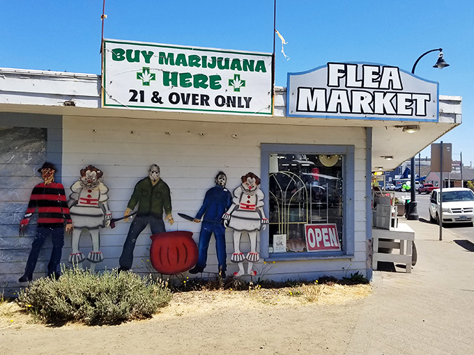 Coastal charm meets quirky character at Waldport Fleamarket, where horror movie icons welcome bargain hunters with open arms.