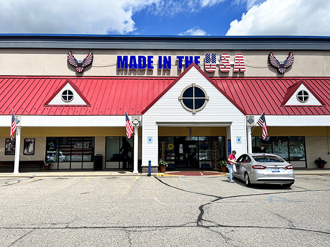 The patriotic storefront proudly declares its American roots, standing like a star-spangled shopping opportunity in the Michigan landscape.