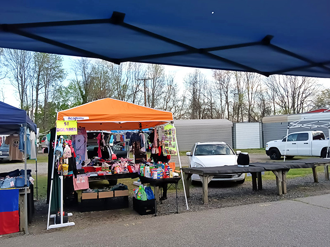 Colorful outdoor vendor tents at White Horse Flea Market. The real South Carolina shopping workout: squatting to examine bottom shelves!