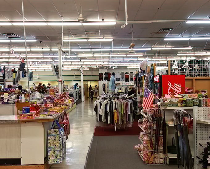 Spacious aisles stretch endlessly, creating a bargain hunter's paradise under fluorescent lights and American pride.