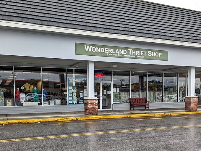 Rain or shine, Wonderland Thrift Shop offers a covered entrance and bench for weary bargain hunters.