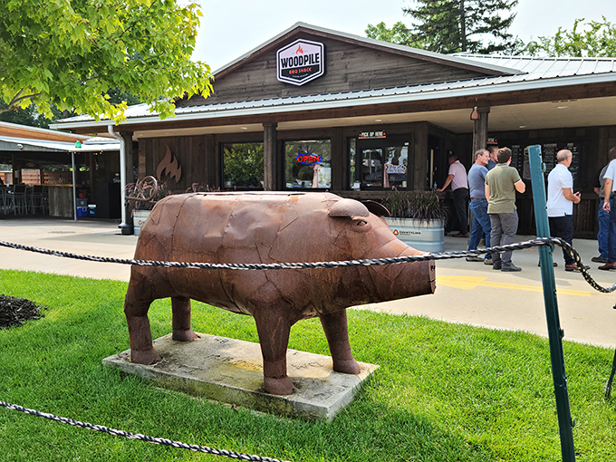 That pig statue isn't lawn art - it's a delicious declaration of pork perfection within.