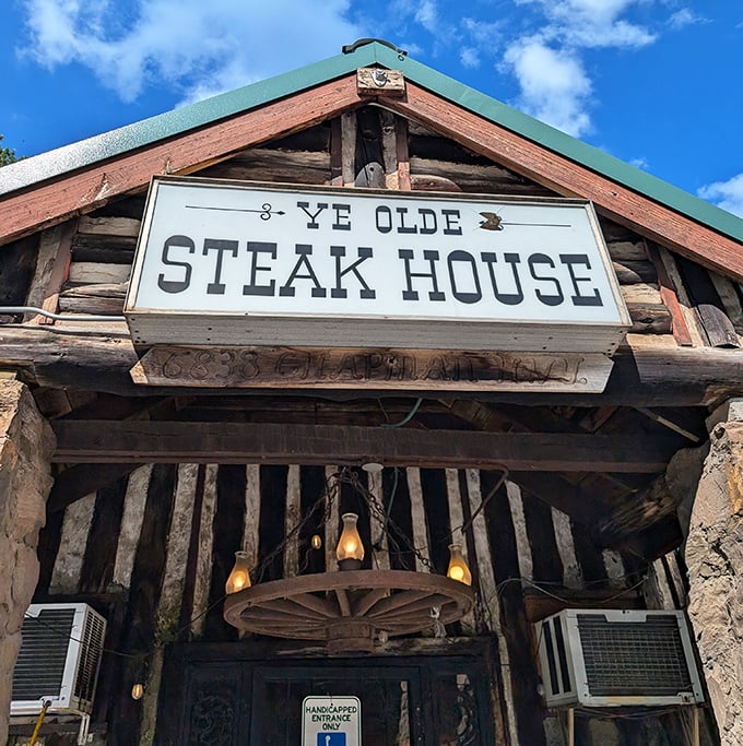 "Ye Olde" might sound quaint, but those stone pillars mean serious steak business inside.