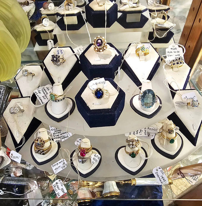 Gemstones and gold waiting for second chances. These rings have witnessed more proposals, anniversaries, and fashion eras than most marriage counselors.