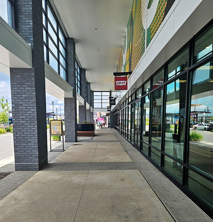 Covered walkways make all-weather shopping a breeze. No need to choose between staying dry and scoring that perfect pair of jeans.