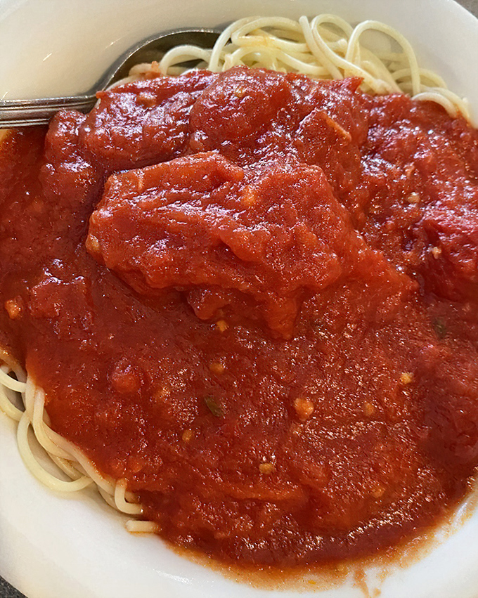 Spaghetti with red sauce&mdash;simple as a three-chord rock song but just as powerful. This marinara has clearly been simmering since breakfast, developing flavors your jar at home can only dream about.