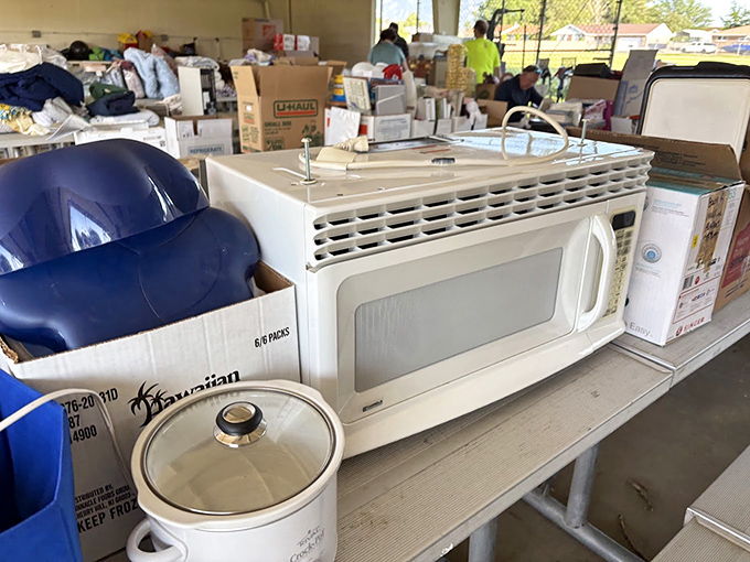 Kitchen appliances stand at attention like retired soldiers, ready for second tours of duty making midnight snacks and Sunday dinners in new homes.