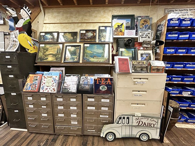 File cabinets filled with forgotten ephemera and vintage prints—like an analog Pinterest board curated by your coolest grandparent.