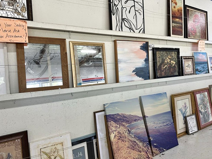 The art wall: where someone's abandoned living room decor becomes your ironic-yet-somehow-perfect statement piece above the sofa.