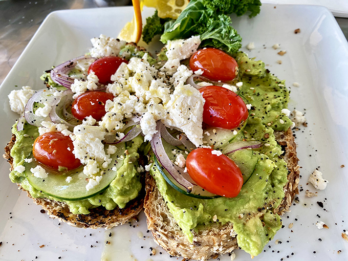 Avocado toast that would make millennials weep with joy. Feta, cherry tomatoes, and red onion elevate this from trend to tradition.