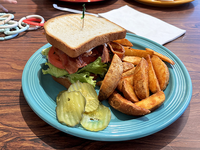 The BLT arrives like a sandwich superhero, accompanied by its faithful sidekicks: golden steak fries and crisp pickle chips. Lunch perfection achieved.