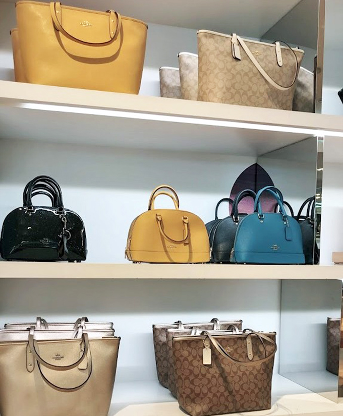 The Coach display resembles a museum exhibit titled "Handbags You Thought You Couldn't Afford." Plot twist: at outlet prices, you actually can.