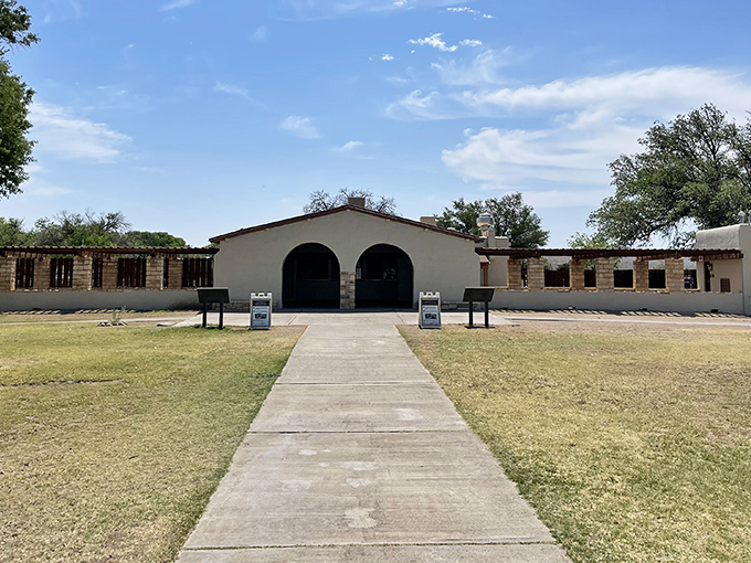 The bathhouse stands ready to transform dusty travelers into refreshed water enthusiasts.