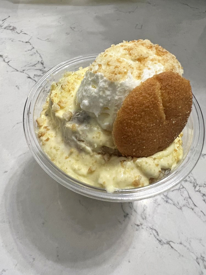 Banana pudding that would make your grandmother jealous. That vanilla wafer perched on top is just showing off at this point.