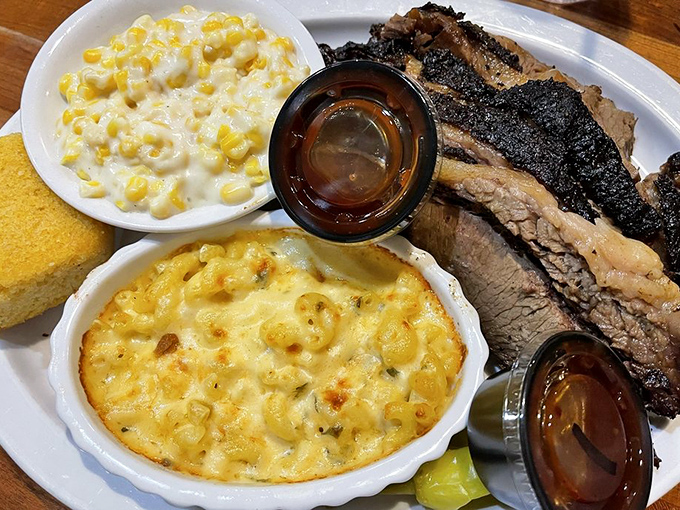 Brisket with a bark so beautiful it belongs in a museum, paired with mac and cheese that would make your grandmother jealous.