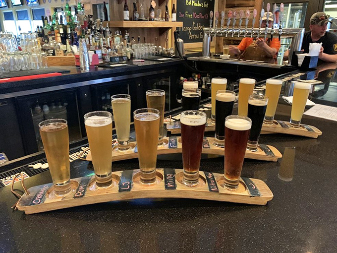 A wooden flight board carrying liquid stories&mdash;each glass a chapter in Robin Hood's brewing saga, from pale gold to midnight stout.