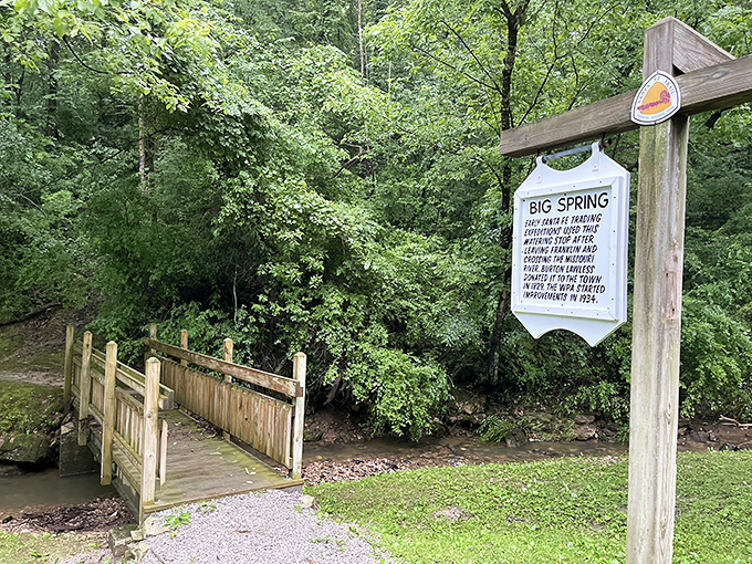 Big Spring's wooden footbridge invites exploration like the opening scene of an adventure movie. Indiana Jones would approve.