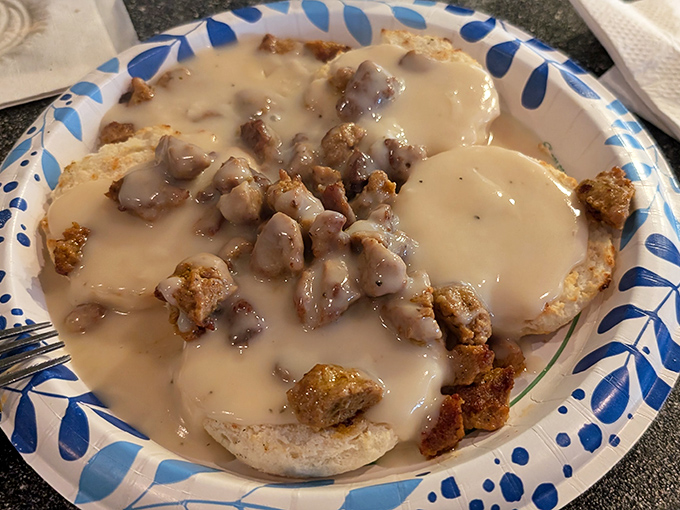 Biscuits and gravy that would make your Southern grandmother nod in approval. Comfort food that hugs you from the inside.