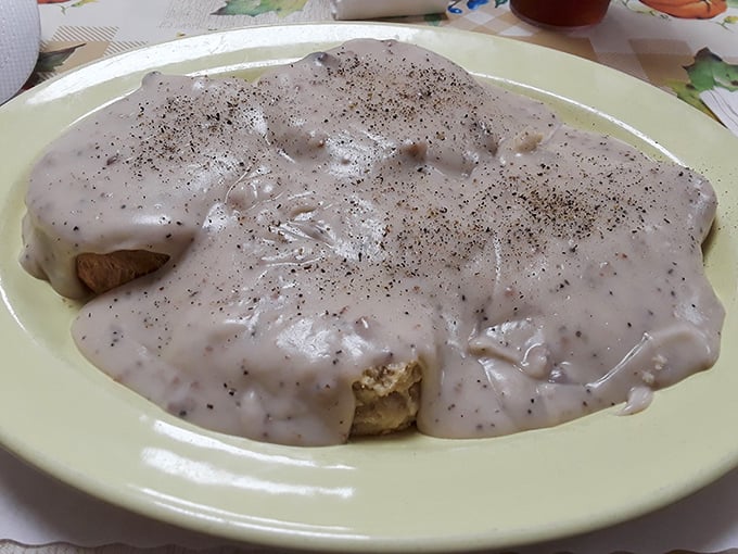Biscuits and gravy so good they should be illegal. That pepper-speckled blanket of sausage gravy is what breakfast dreams are made of.