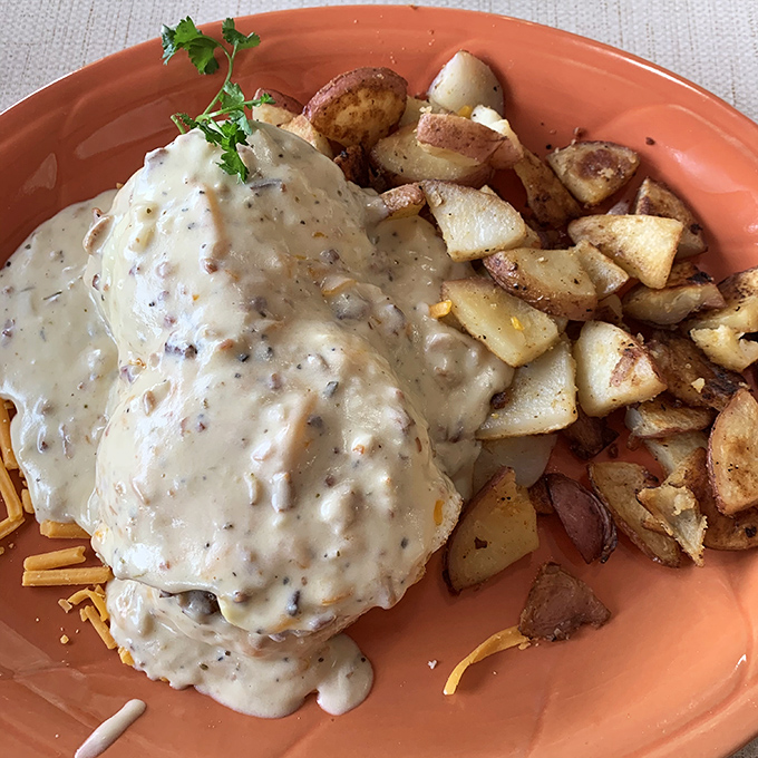 Country-style comfort on a coral plate—a mountain of creamy gravy cascading over biscuits with perfectly crisped potatoes standing by for backup.