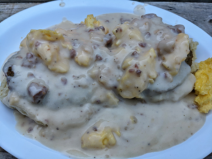 Biscuits and gravy so comforting it could end international conflicts. Southern diplomacy served on a plate, no passport required.