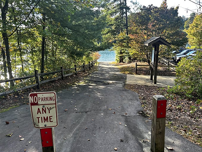 The path to Lake Keowee beckons with a "No Parking" sign that might as well read "No Worries" instead. Water therapy just steps away.
