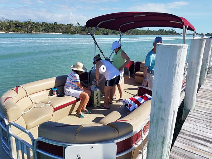 Your chariot awaits! These pontoon water taxis are the civilized way to reach paradise, no swimming required.