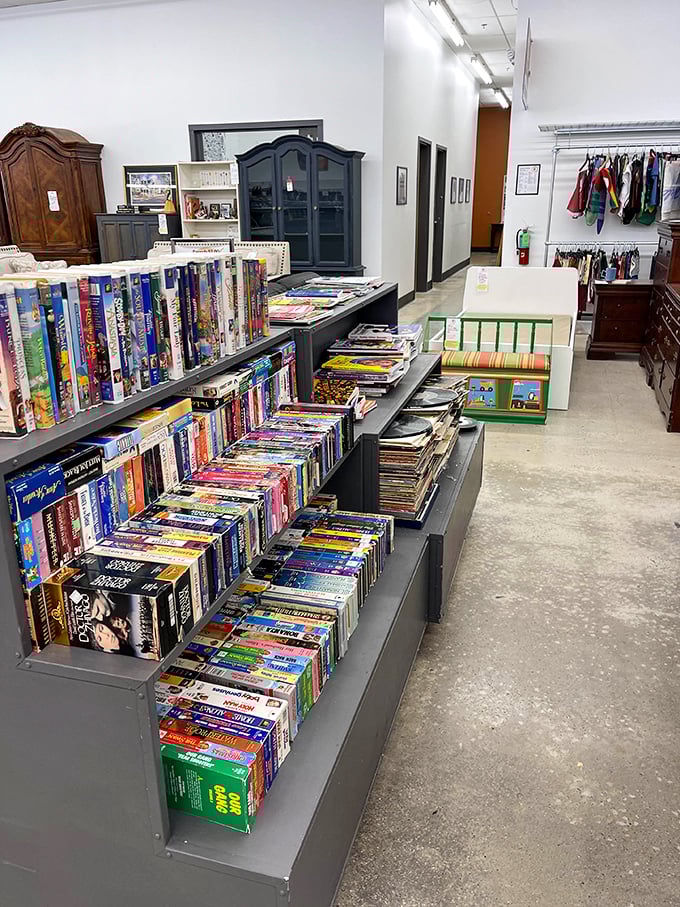 A bibliophile's dream corner where VHS tapes and paperbacks coexist peacefully, like technological time capsules waiting to be rediscovered.