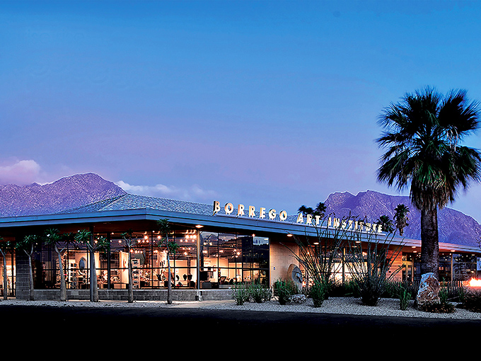 The Borrego Art Institute glows at twilight, a beacon of creativity where desert light inspires artists long after the sun dips behind the mountains.