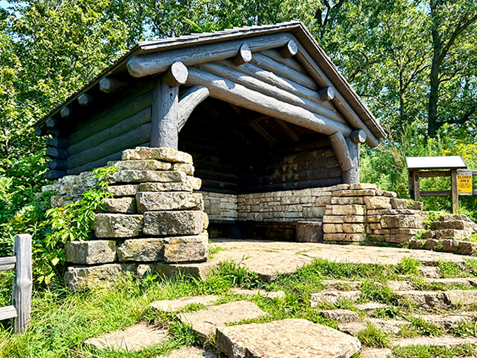 Stone shelter stands ready for contemplation or sandwich-eating, both equally important activities in the great outdoors.