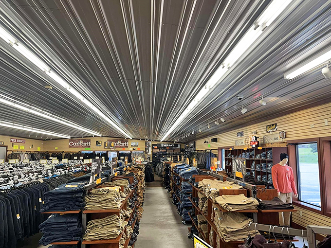 Not your average clothing aisle! This impressive indoor section rivals department stores with neatly organized workwear that'll outlast your mortgage.