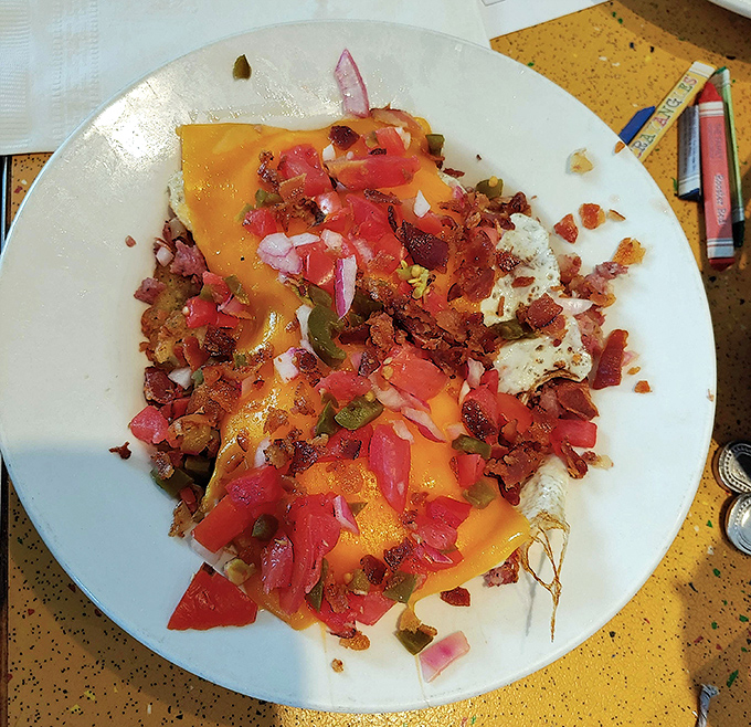 This isn't just breakfast, it's edible art. The colors pop like a country music album cover, with each ingredient playing its essential role.