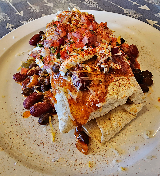 Not so much a burrito as an edible art installation&mdash;spices, beans, and cheese creating a morning masterpiece that demands attention.