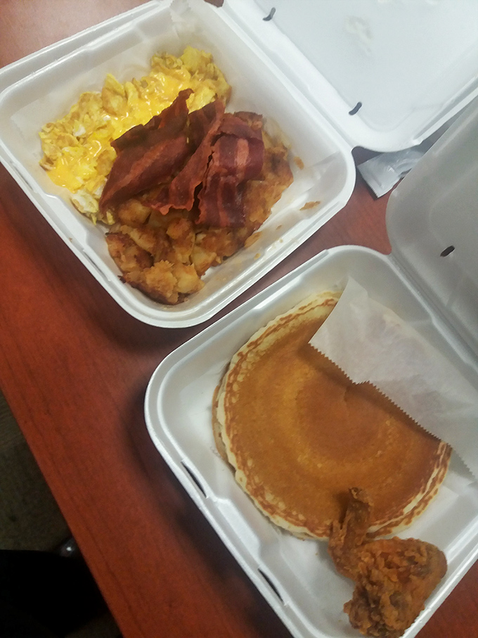 Breakfast perfection doesn't need fancy plating&mdash;just eggs, home fries, bacon, and a pancake that's ready for its close-up.