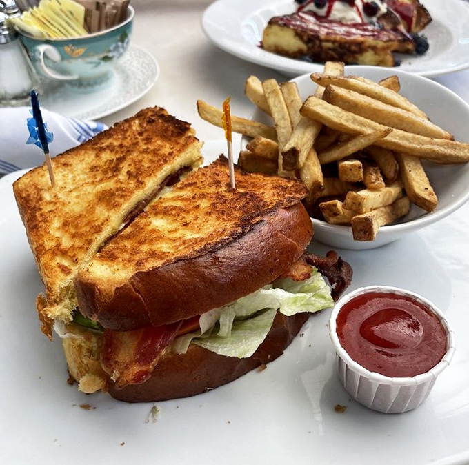 A sandwich that demands to be noticed. Golden-brown perfection on a brioche bun with crispy fries standing at attention, ready for their supporting role.