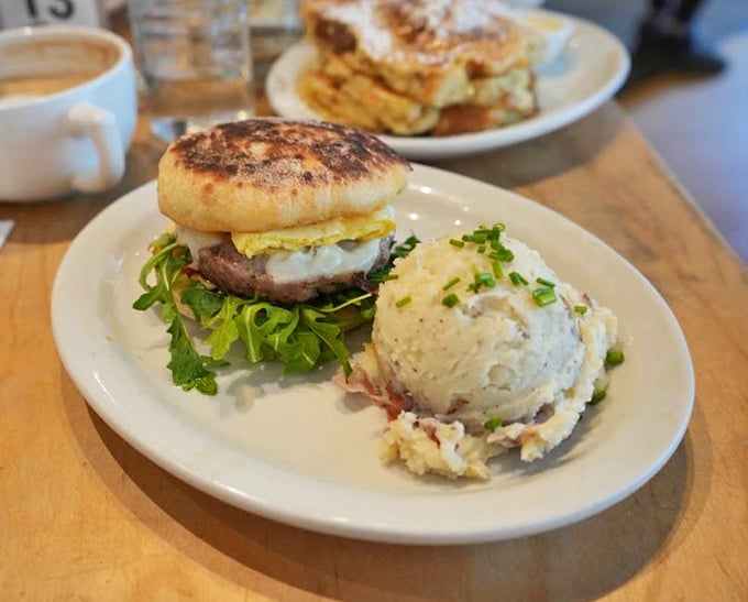 Breakfast sandwich perfection: a golden English muffin cradles eggs and meat while potato salad stands guard, ensuring no taste bud goes unsatisfied.