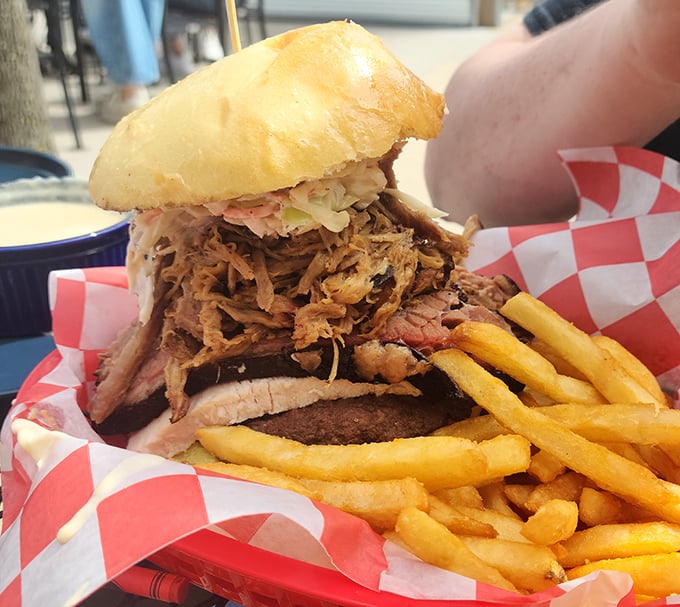Sandwich architecture at its finest &ndash; layers of smoky goodness stacked between golden brioche, with fries standing guard against hunger.