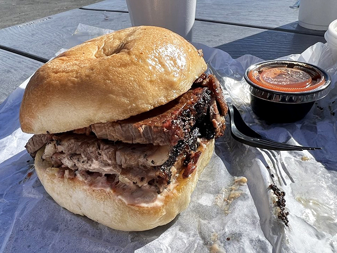 This sandwich could double as a doorstop, if doorstops were delicious and covered in sauce.