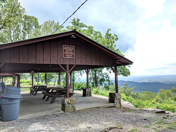 Brow Park's covered pavilion frames the valley view – nature's IMAX screen without the overpriced popcorn.
