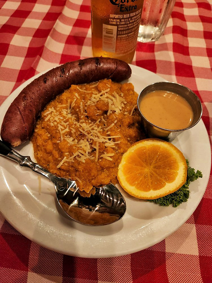 Buffalo sausage with red chile polenta&mdash;proof that frontier food wasn't just about survival. Those pioneers knew a thing or two about flavor combinations.